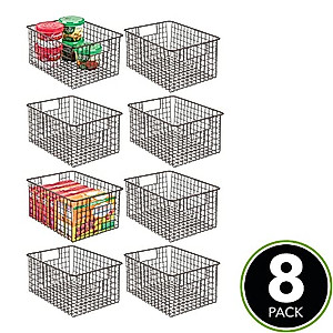 mDesign Metal Wire Food Storage Basket Organizer with Handles for Organizing Kitchen Cabinets, Pantry Shelf, Bathroom, Laundry Room, Closets, Garage - Concerto Collection - 8 Pack - Bronze