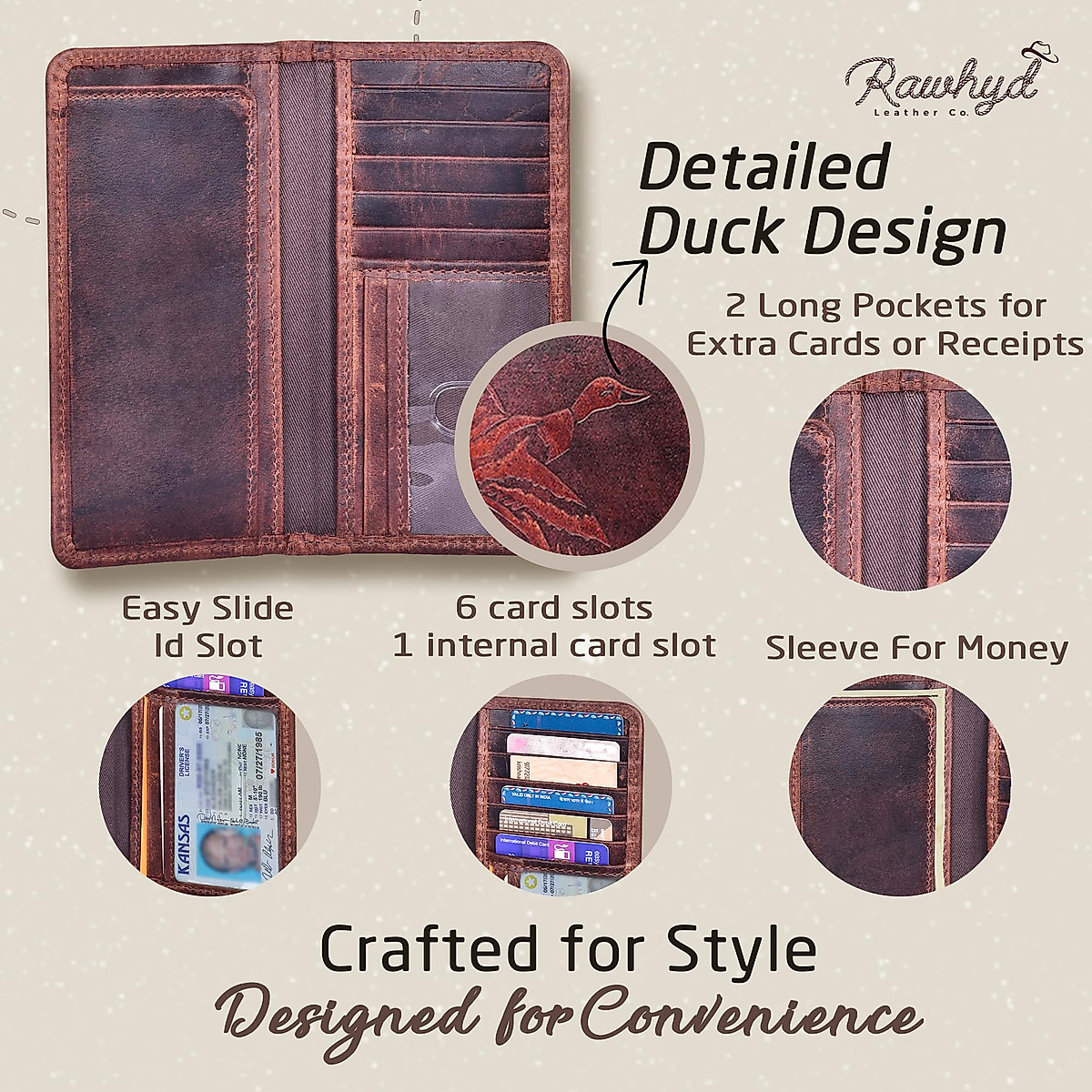 Mallard Duck Wallet - Full-Grain Leather Long Wallets for Men - RFID Blocking Long Bifold Wallet - Mens Leather Wallets w/ 8 Card Slots & Money or Checkbook Sleeve - Great Duck Hunting Gifts for Men
