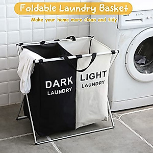 Laundry Basket, 136L Laundry Hamper 2 Section Clothes Laundry Bin Sorter, Waterproof Foldable Washing Storage Bags for Dirty Clothes, Toys, Towel in Bathroom Bedroom Organization (White+Black)