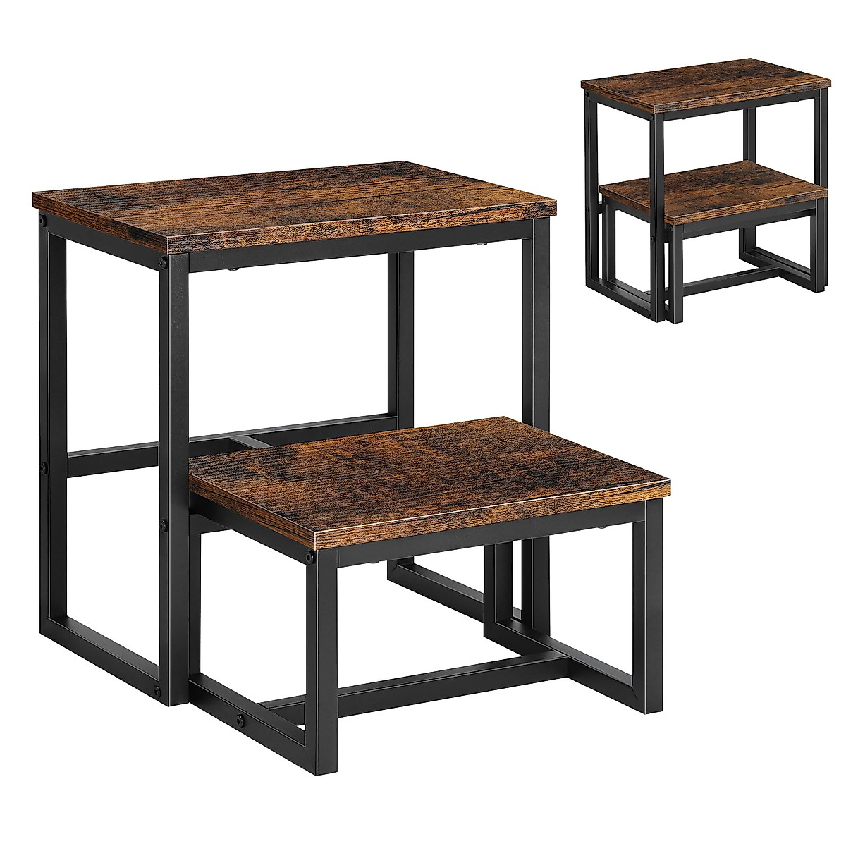 LIANTRAL Step Stools for Adults Kids, 3 in1 Heavy Duty Sturdy Two Step Stool, Supports Up to 500lb, Wooden Board Metal Frame, Foot Stool for High Bed Kitchen Bathroom - Rustic Brown