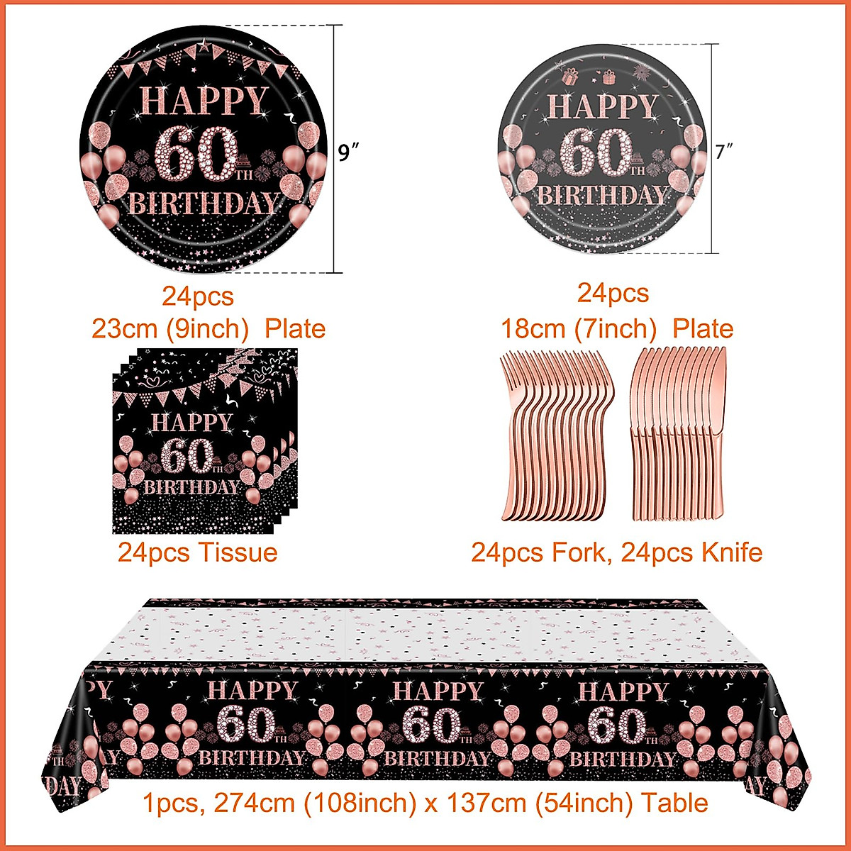 Black Rose Gold Birthday Party Supplies,Disposable Party Tableware Sets - 60 Years Paper Plates,Napkins,Plastic Forks Knives,Tablecloths,60th Birthday Decorations for Men,24 Guests