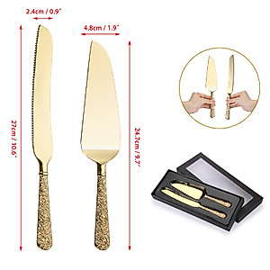 BSTKEY Pack of 2 Gold Cake Pie Pastry Servers, Cake Knife and Server Set, Vintage Engraved Cake Cutter Serving Spatula Set for Wedding Birthday Parties Christmas Thanksgiving and Events
