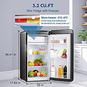 Havato 3.2 Cu. Ft Adjustable Thermostat Control Small refrigerator, Compact Mini Fridge with Freezer, Retro Recessed Handles mini refrigerator for Bedroom, Dorm, Office, RV, (Black)