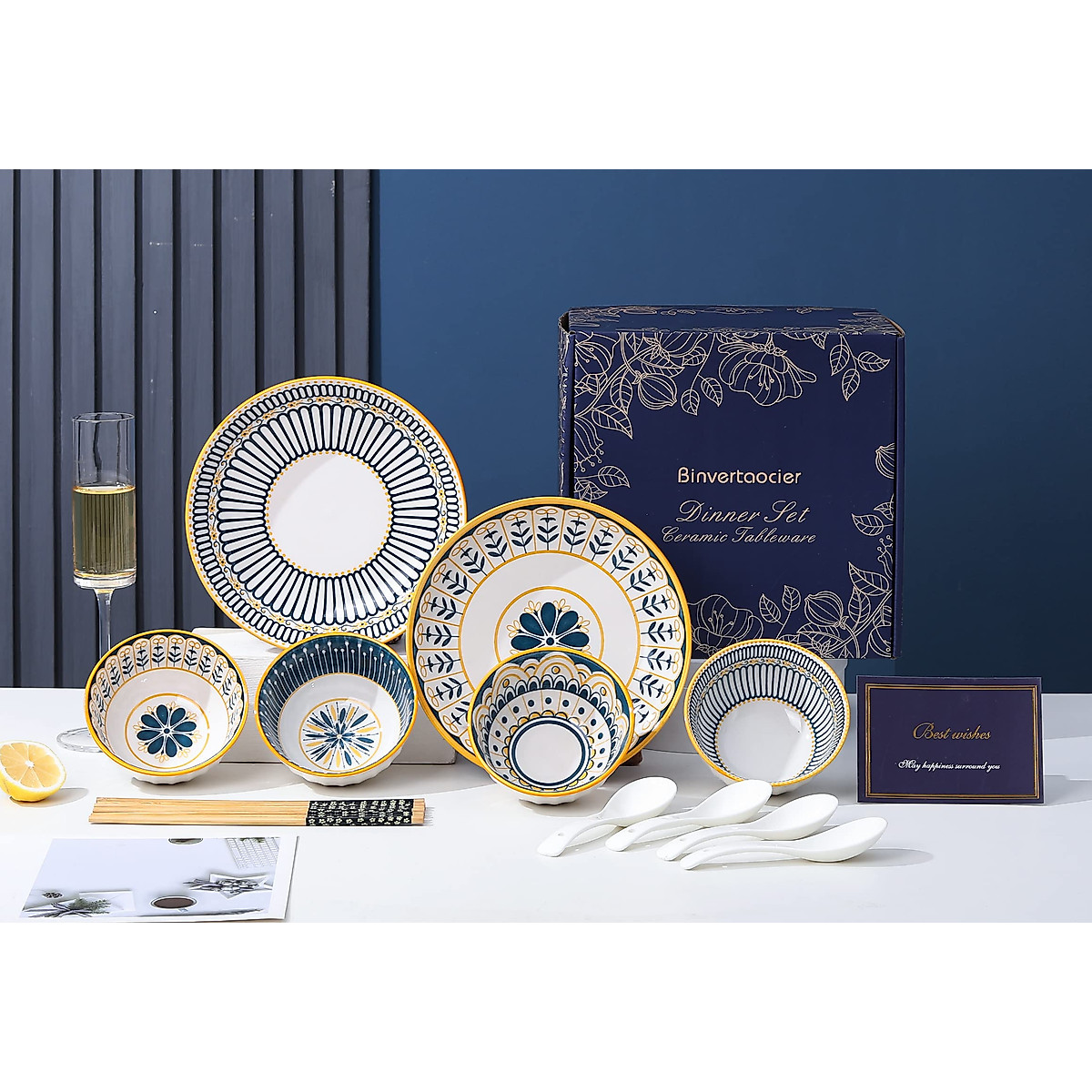 Binvertaocier 14-Piece Porcelain Asian Bowls Set with Spoons Rice Bowls with Chopsticks 10 Oz Bowls,Small Soup Bowls,Asian Plates and Bowls Set, (Modern blue)