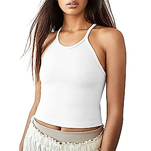 LASLULU Womens Sports Bra Halter Neck Crop Tops Seamless Casual Camisole Longline Running Athletic Bra Cropped Tops(White Large)