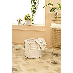 Mkono Macrame Decorative Cotton Rope Basket Boho Cute Woven Tassel Closet Storage Bins Organizer for Nursery,Baby Toys,Magazines, Potted Plants Cover,Living Room,Bedroom,Home Decor 11"x11",Small