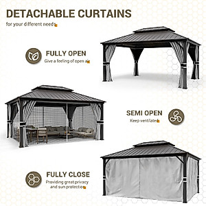 UDPATIO 12' x 16' Hardtop Gazebo, Galvanized Steel Double Roof Permanent Aluminum Gazebo, Outdoor Metal Pergolas with Mosquito Netting and Curtains for Garden, Parties, Patio, Deck, Lawns, Grey