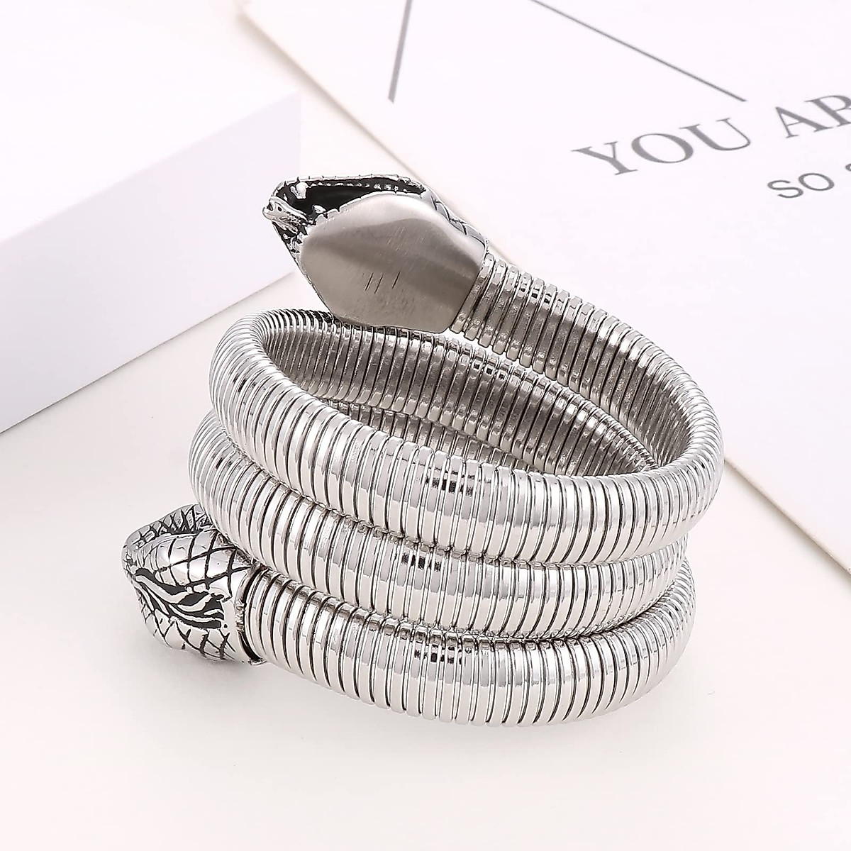 Klapgo Stainless Steel Two Headed Snake Charm Cuff Bangle for Men and Women, Gothic Style Animal Retro Bracelet Jewelry