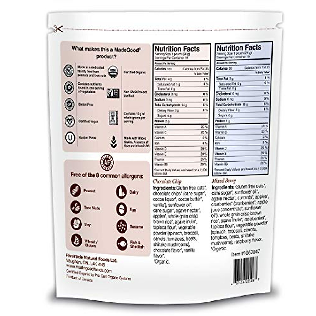 MadeGood Granola Minis Club Pack (20 ct, 0.85 oz. each); 10 Bags Chocolate Chip and 10 Bags Mixed Berry Granola Minis; Vegan, Gluten-Free, Allergy-Friendly, Organic, Non-GMO Snacks