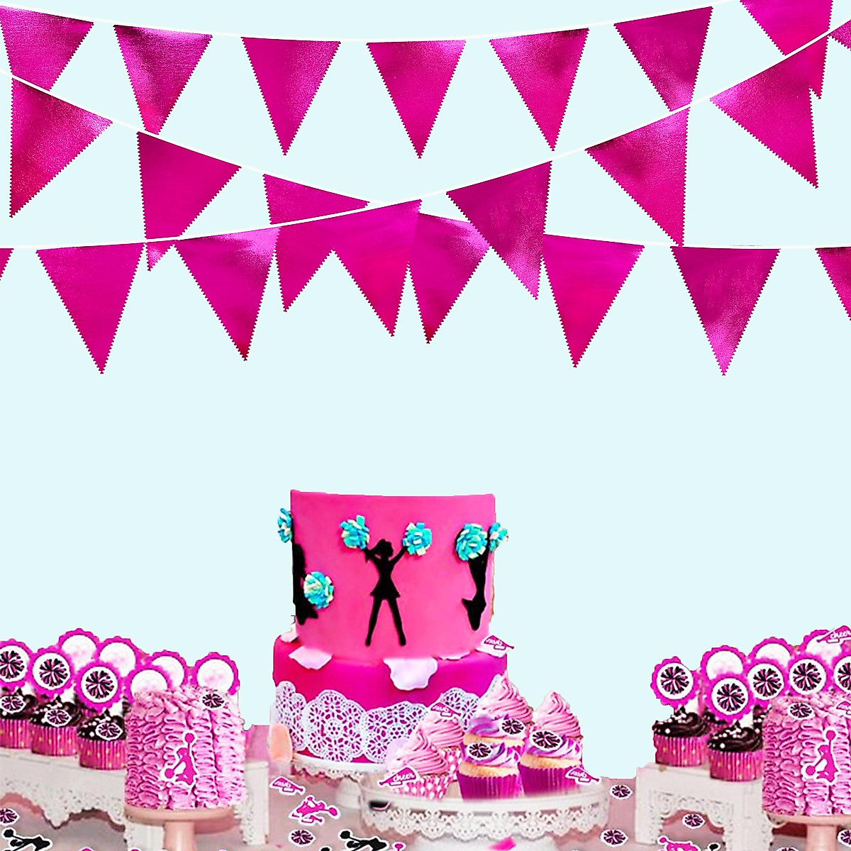 Hot Pink Party Decorations Triangle Pennant Banner Flag Rose Pink Metallic Fabric Bunting Garland for Birthday Bachelorette Wedding Bridal Shower Anniversary Flamingo Barbie Theme Party Supplies
