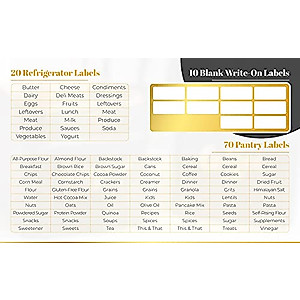 Mint Living Gold Pantry Labels 100 (90 Preprinted +10 Blank) Kitchen Labels - Glossy Water Resistant Sticker for Kitchen & Fridge Pantry Organization Storage Containers Jars Easy Reposition