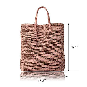 QTKJ Fashion Hand-Woven Soft Large Shoulder Bag Boho Straw Leather Handle Tote Retro Summer Travel Beach Handbag (Pink)