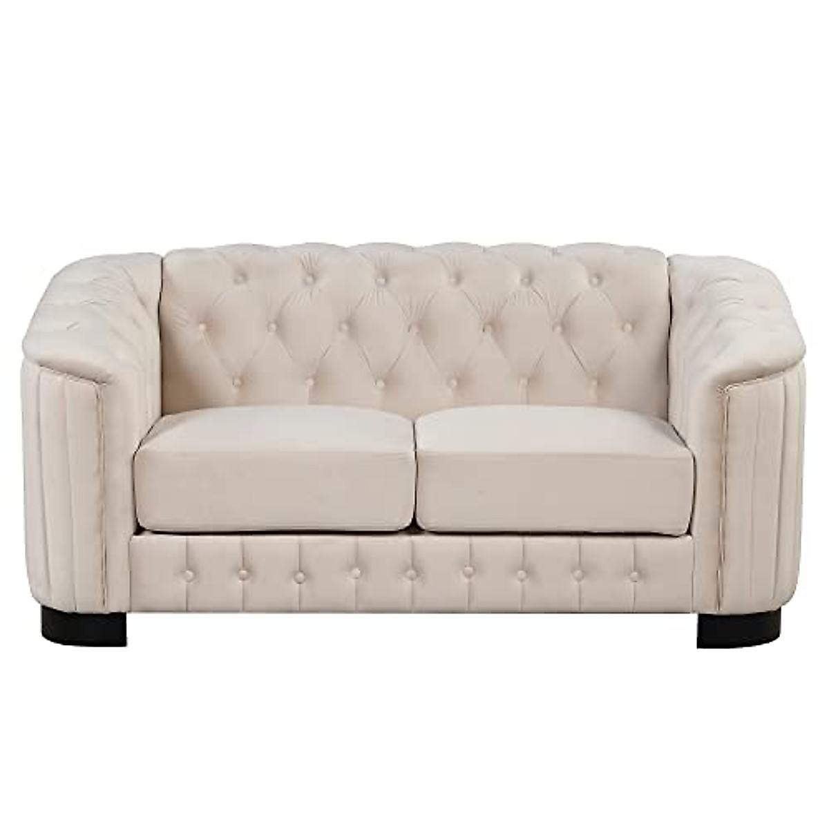kevinplus 64'' Loveseat Chesterfield Sofa Couch for Living Room, Velvet Modern 2-Seat Tufted Upholstered Small Sofa Couch with Thick Removable Seat Cushion for Apartment Bedroom, Wooden Legs, Beige