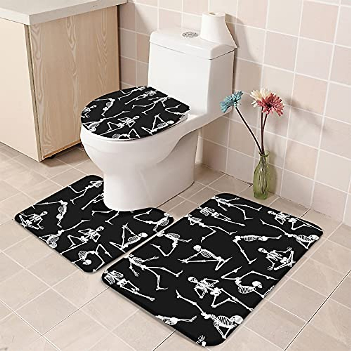 Teather Halloween Skull Bath Rugs Sets 3 Piece Funny Skeleton Yoga Bathroom Mats Set Non Slip Water Absorbent U-Shaped Contour Toilet Mat Black White Toilet Lid Cover, Halloween Black Bath Mat