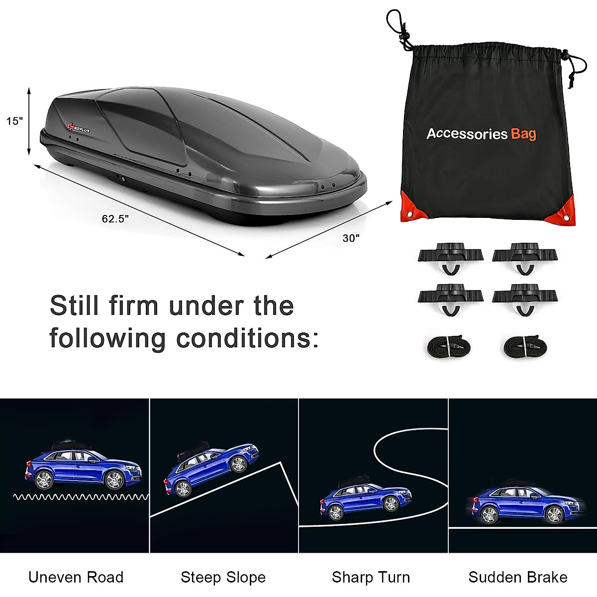 Goplus Rooftop Cargo Carrier Hard Shell, 14 Cubic Feet Waterproof Car Roof Cargo Carrier w/Dual Side Opening, Security Key, 165LBS Capacity, for 17” to 22.8” Wide Crossbar Rack, Vehicle Cargo Box