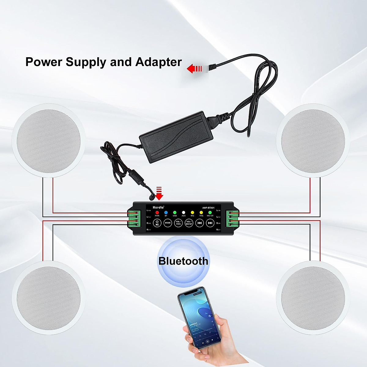 Herdio 6.5'' 640Watts 2-Way Bluetooth Ceiling Speakers Package Great for Home Theater System, Living Room,Office,Flush Mount Wired(4 Speakers)