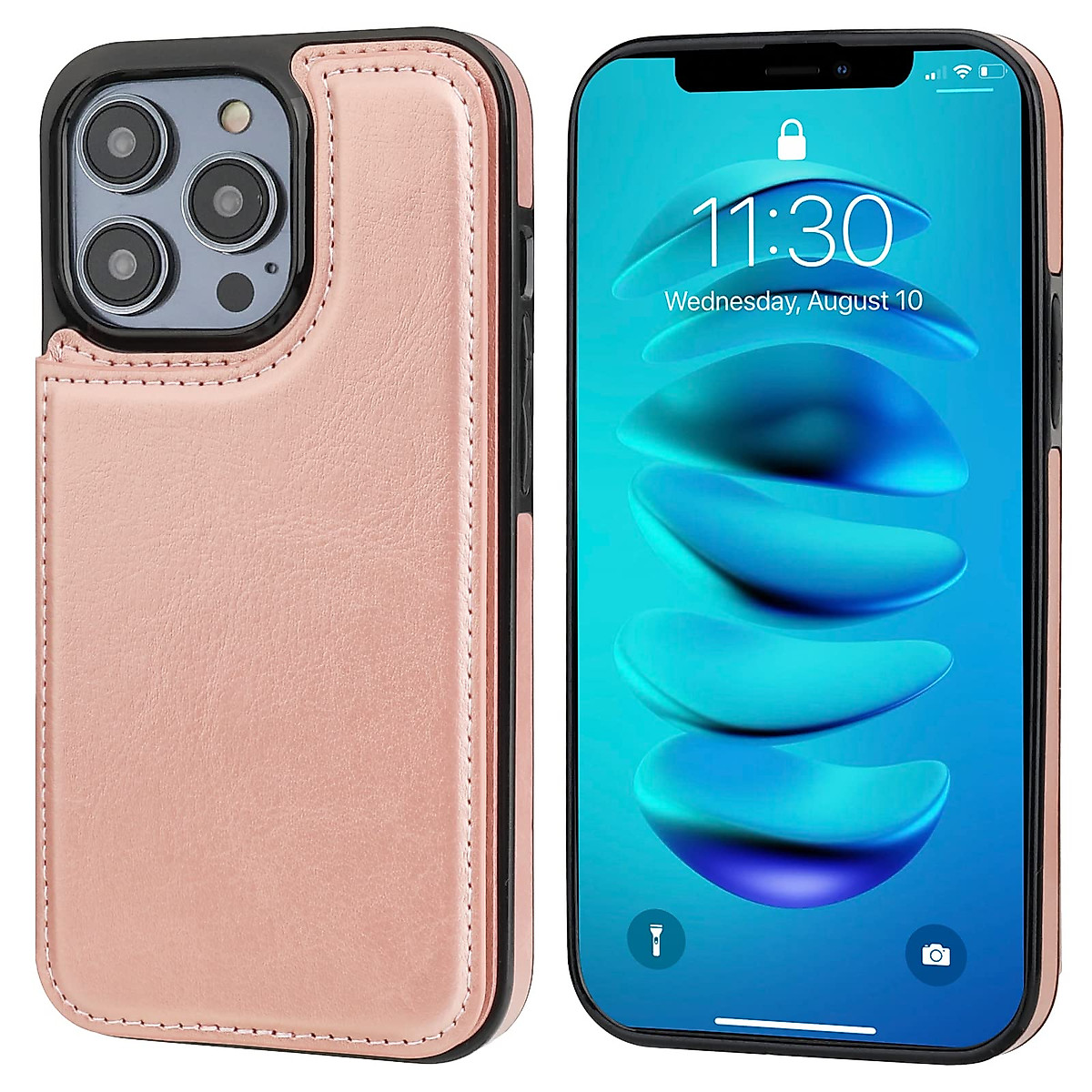 ONETOP Compatible with iPhone 14 Pro Wallet Case with Card Holder, PU Leather Kickstand Card Slots Case, Double Magnetic Clasp and Durable Shockproof Cover 6.1 Inch (Rose Gold)