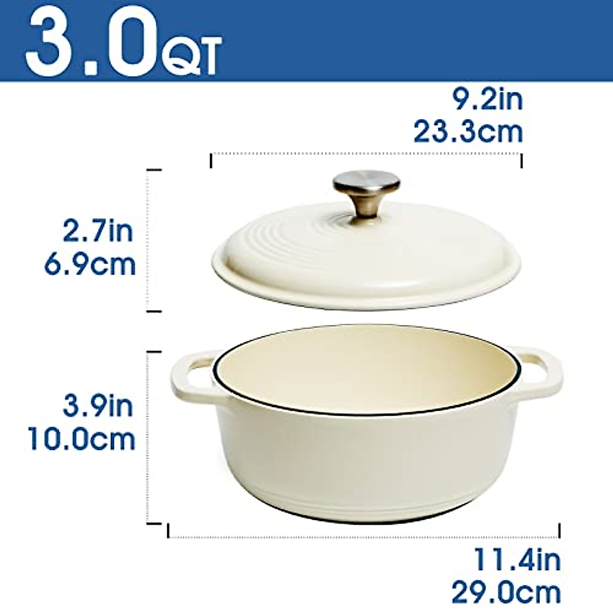 NUTRIUPS Enameled Cast Iron Dutch Oven Pot with Lid Heavy Duty Cast Iron Pot 3-Quart (Oyster White)