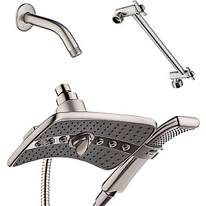 BRIGHT SHOWERS Shower Head Combo with Two Spray Settings Fixed Shower Head and Handheld Shower Head with Grey Face with 6 Inch Shower Arm and 10 Inch Shower Arm Extender, Brushed Nickel