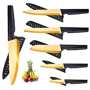 FASAKA Knives Set for Kitchen, Chef Knife Set, Kitchen Knife Sets, 6Pcs Titanium Coated Golden High Carbon Steel Made Kitchen Knives & 6Pcs Knife Sheaths with Gift Box, House Warming Gift