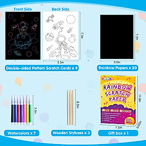 pigipigi QXNEW Rainbow Scratch Paper Art - Magic Craft Kit Gift for Kids Ages 3 4 5 6 7 8 9 10 11 12 Color Doodle Drawing Card Supply Set for Teen Preschool Children Birthday Christmas Activity Game