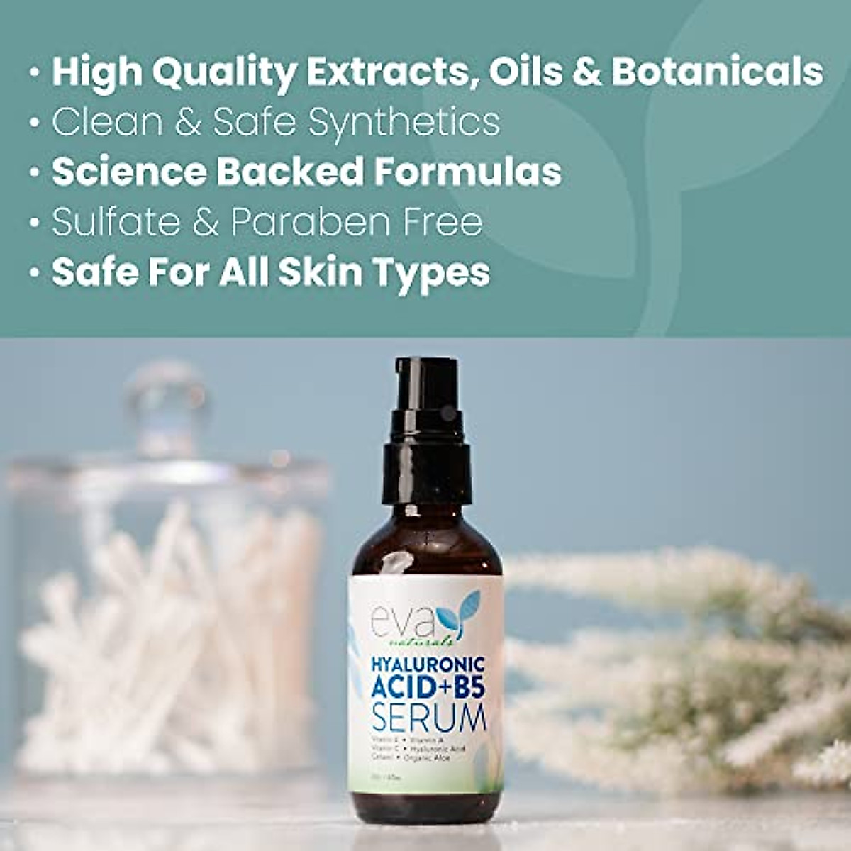 Eva Naturals Hyaluronic Acid Serum For Face With Vitamin B5 - Anti-Aging Face Serums & Anti-Wrinkle Moisturizing Serum - Hyaluronic Acid Face Serum, Plump Dry Skin - 2.0 Fl Oz (Pack of 1)