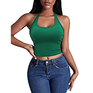 Ekouaer Women Halter Top Backless Scroop Neck Slim Stretchy Ribbed Knit Camisole Crop Tops(Green,S)