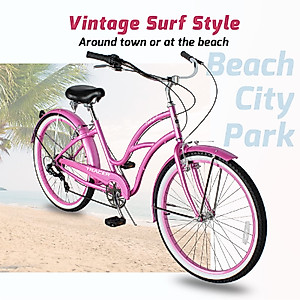 Tracer TAHA Beach Cruiser Bike for Women,26 Inch Wheels,Hi Ten Steel Frame,Shimano 7 Speed,Disc Brake,Hybrid Bike for Adults,Complete Cruiser Bikes,Pink