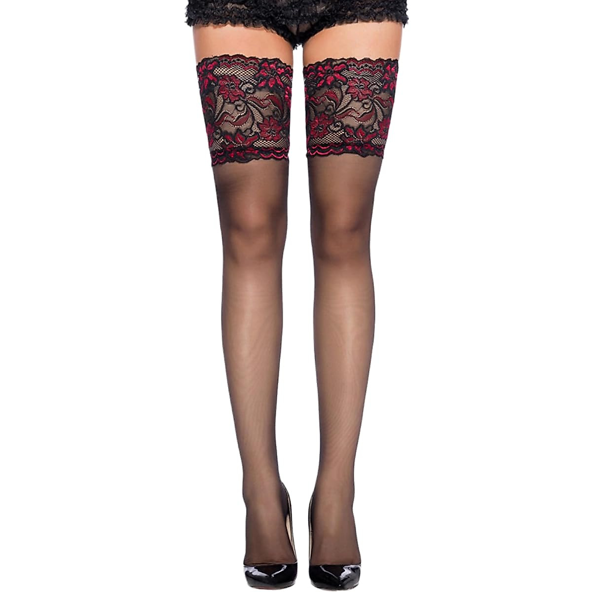 Soultopxin Thigh High Stockings Lace Top Stay Up Silky Semi Sheer Pantyhose for Women Hold Up