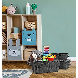 Woven Storage Basket Bin Wicker Hamper Stackable Box with Lid, Wicker Shelf Baskets Bin for Laundry Room Organizer, Set of 3 Wicker Storage Basket with Handle for Picnic, BBQ,Nursery, Baby Toiletry, Diaper, Toys