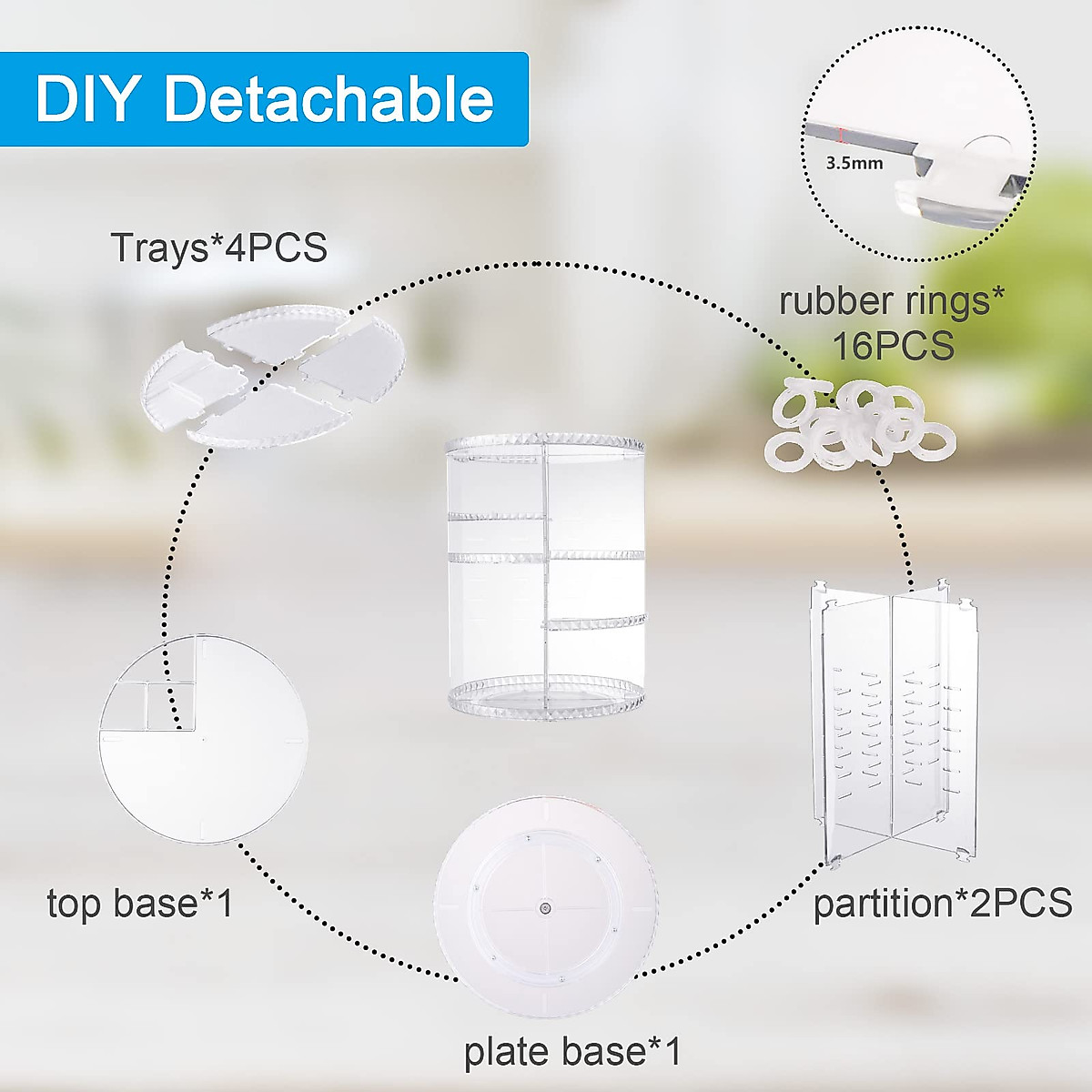 sanipoe 360 Diamond Rotating Makeup Organizer, Large Capacity Detachable Spinning Cosmetics Storage Shelf, Lazy Susan Organizer for Countertop and Bathroom, Clear