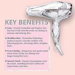 Foxybae Professional Hair Dryer | Powerful Ceramic Tourmaline Blow Dryer | Salon-Grade Hairdryer Motor | Hair Styling Tools for Straight & Curly Hair, 2 Heat Settings | White Marble Rose Gold