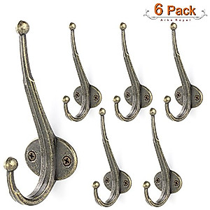 Sturdy Dual Coat Hooks Modern Iron Wall Mounted Hook for Entryway Kitchen Home Office Garage Organizer Storage, with 17mm Screws, Brushed Antique Bronze, 6 PCS