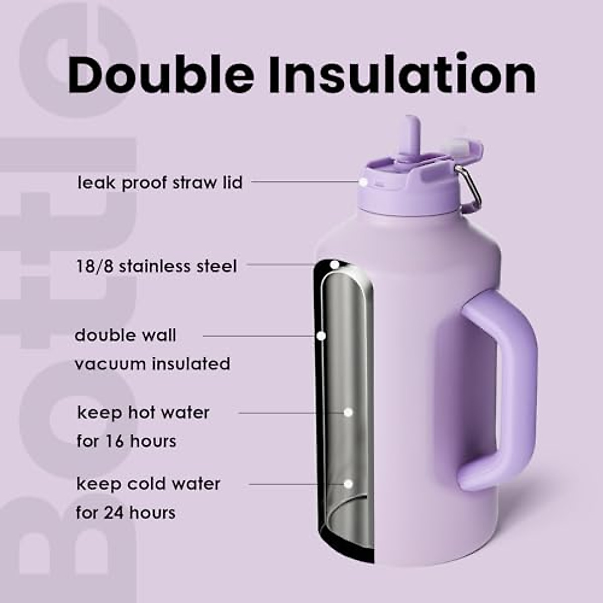 BOTTLE BOTTLE Insulated Water Bottle 64 oz with Straw and Dual-use Lid Stainless Steel Water Bottle with Handle Stainless Steel Jug for Workout Gym Soccer and More Sports purple