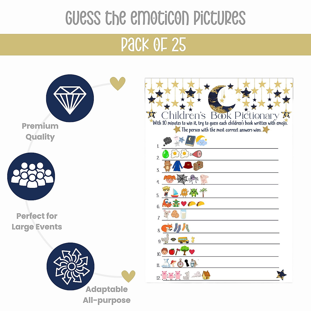 Twinkle Little Star Baby Shower Game Cards, 25 Guest Pack, Guess the Pictogram Childrens Storybook Activity Cards, Celestial Favors, Ideas, Planning, Fun Guessing Activities Play for Prizes