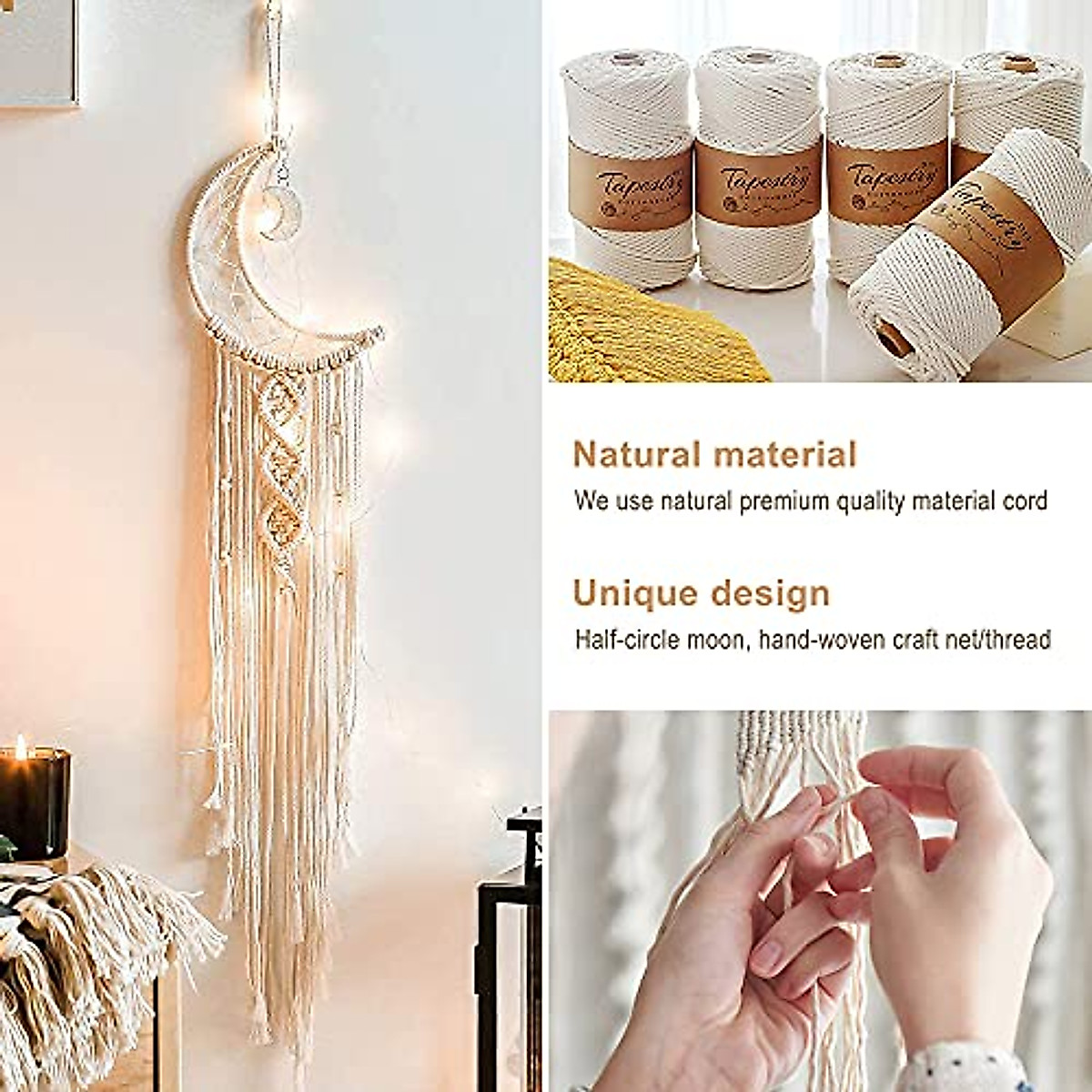 MGahyi Moon Star Dream Catcher Decor,Macrame Woven Dreamcatcher with Light,Bohemian Wall Hanging Decoration,Bedroom,Home Decoration (Moon White)