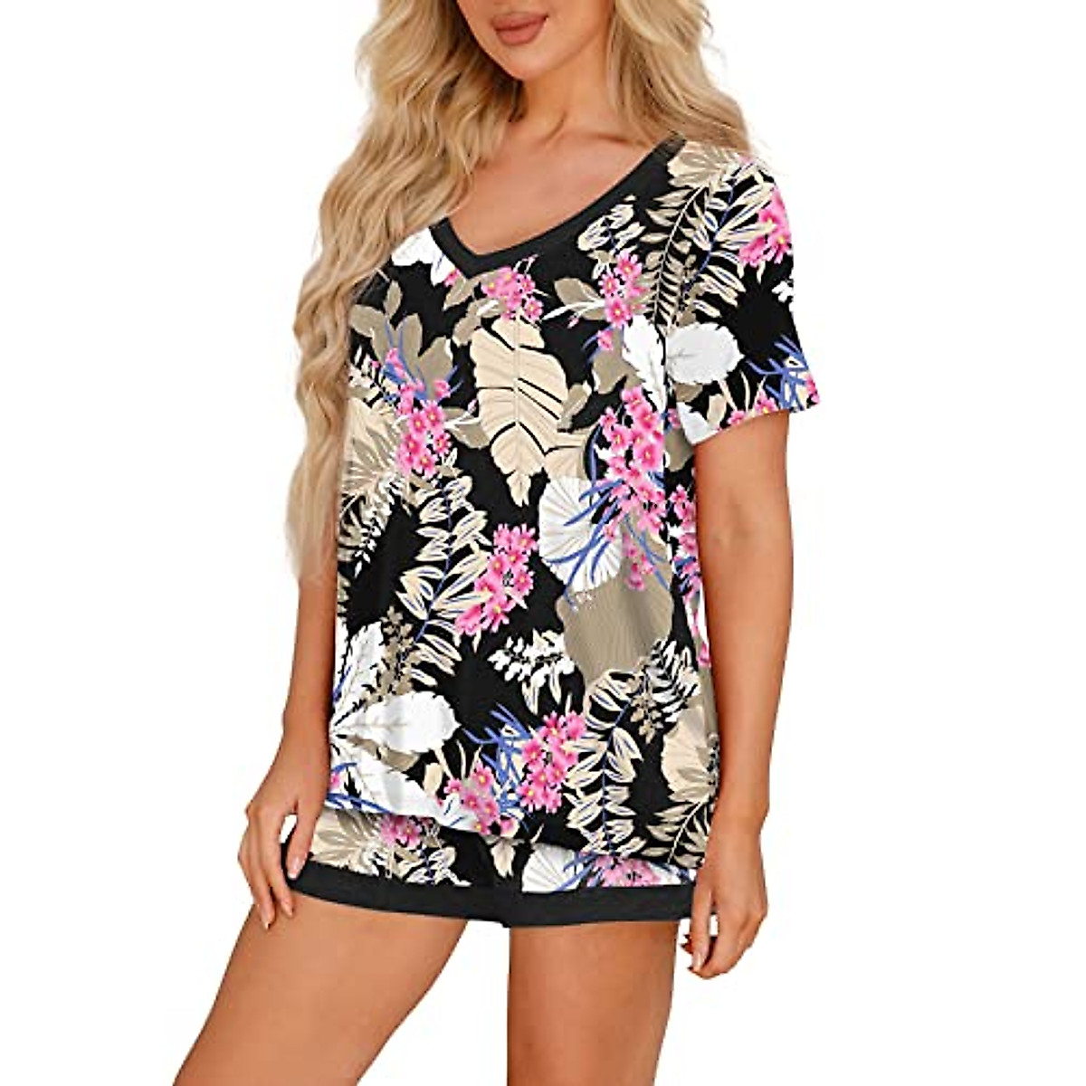 PrinStory Women's Pajama Set Short Sleeve Shirt and Shorts Sleepwear Pjs Sets with Pockets FP-Big Leaf Pink-Large