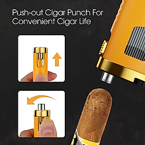 Torch Cigar Lighter with Triple Windproof Flame, Cigar Punch, Cigar Holder, Trendy Gift for Birthday Festival, Adjustable & Refillable Butane Cool Lighters for Smoking, Candles, Outdoors