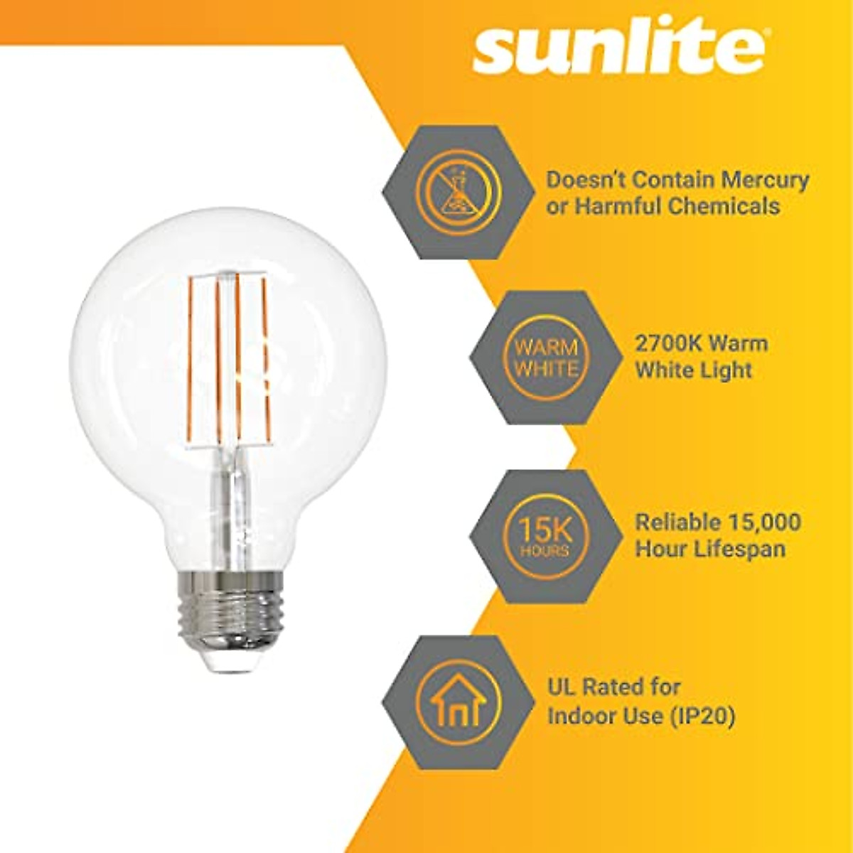 Sunlite 41696 LED G25 Edison Globe Light Bulb, 8.5 Watts (100W=), Medium E26 Base, 800 Lumens, Dimmable, Clear Glass, Antique Long Filament, 90 CRI, Title-20 Compliant, 2700K Soft White, 4 Count