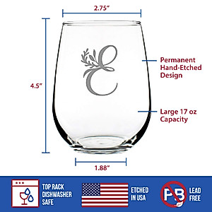 Monogram Floral Letter E - Stemless Wine Glass - Personalized Gifts for Women and Men - Large Engraved Glasses