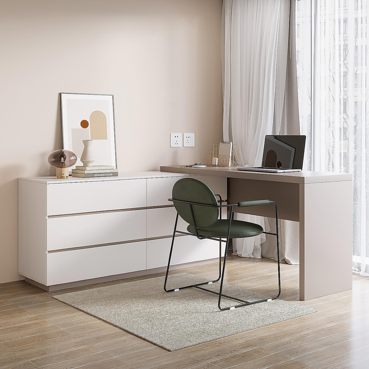 Trroec 97.63" L Shape Desk with 51" File Cabinet, Corner Dresser, Desk with Dresser, Desk with Dresser Combo; Executive Desk with Storage