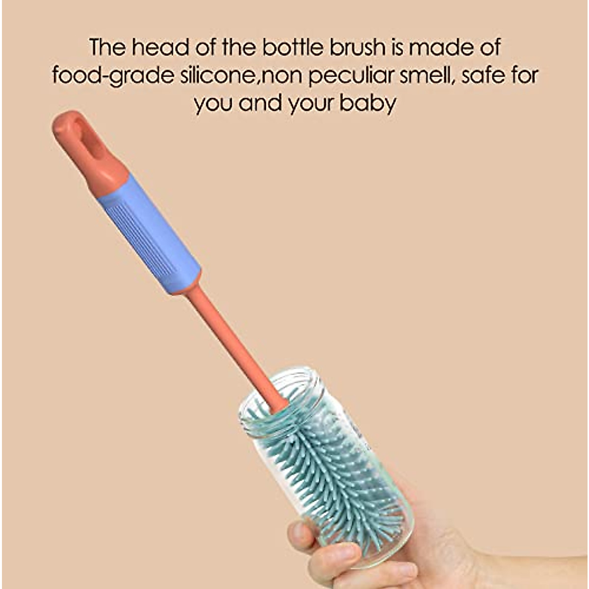 MOOANE Bottle Brush,Silicone Baby Bottles Brush with 360 ° Rotation and Long Handle,Bottle Cleaner Brush Set for Kid,Set of 3 (Orange)