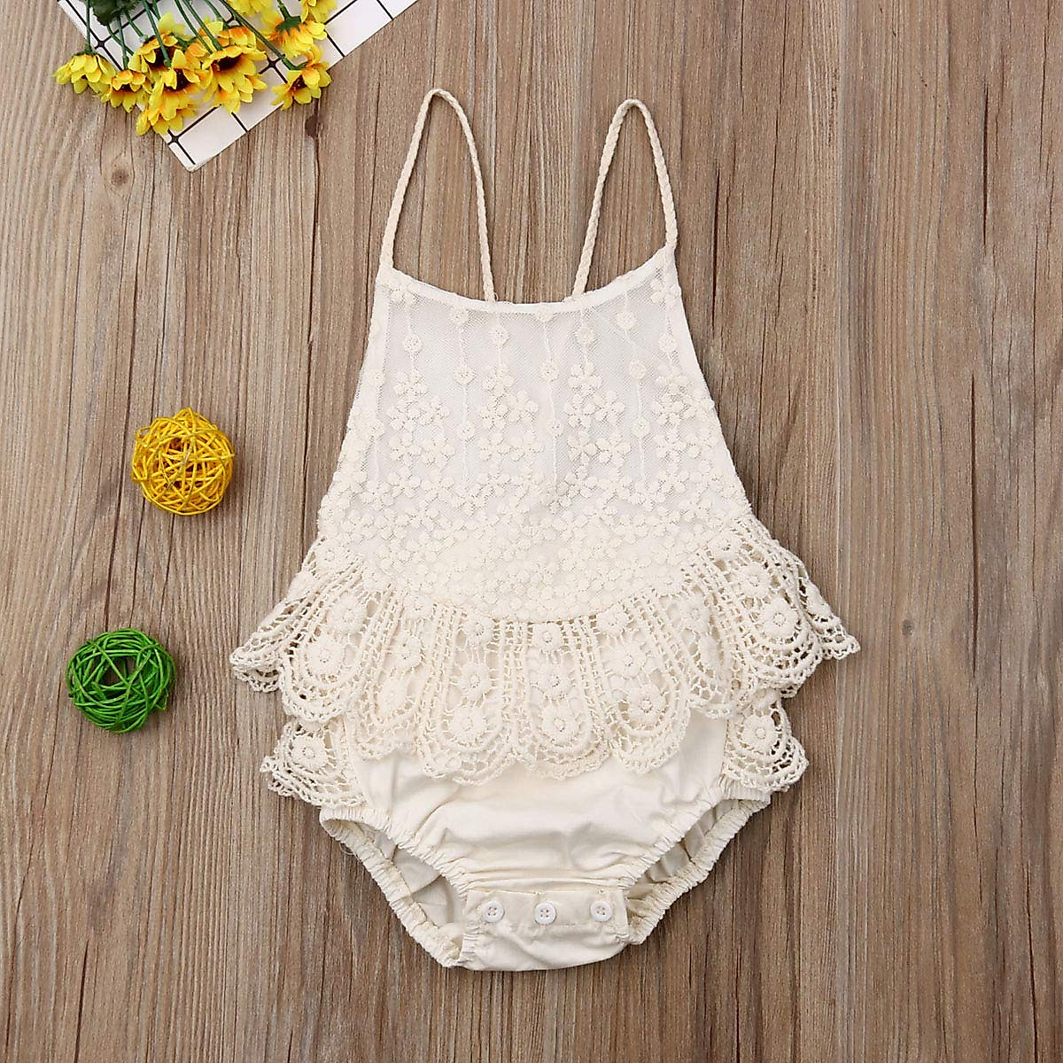Newborn Infant Baby Girl Clothes Lace Halter Backless Jumpsuit Romper Bodysuit Sunsuit Outfits Set (Off White, 6-12 Months)
