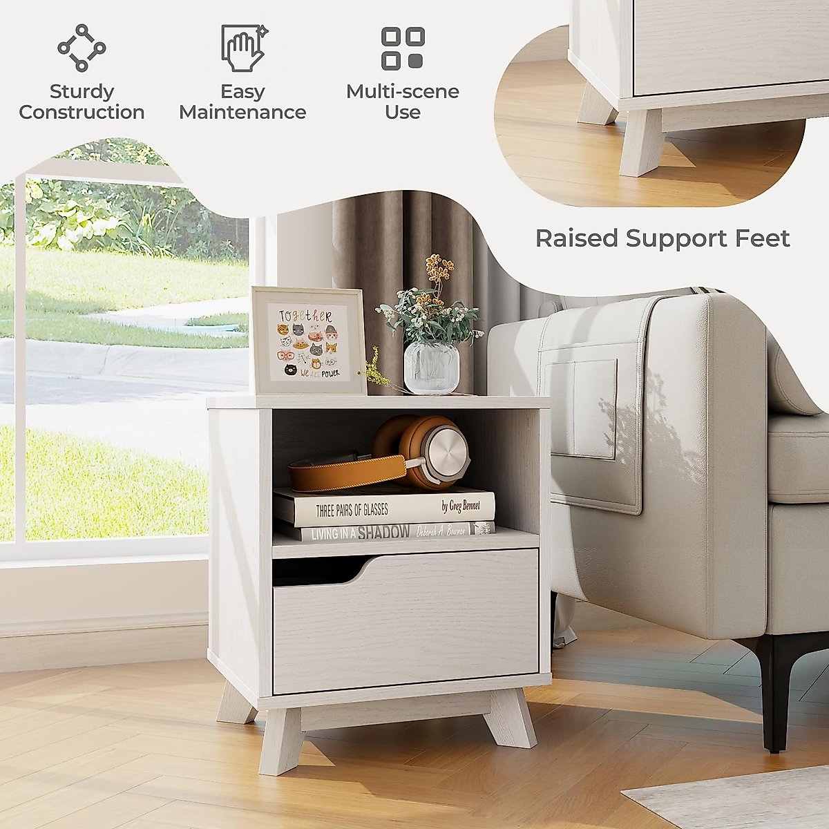 Giantex 2 Tier Nightstand, Mid Century Modern Bedside Table with Storage Drawer & Open Shelf, Wood Night Stand for Small Spaces, Minimalist Side End Table for Bedroom, Distressed White
