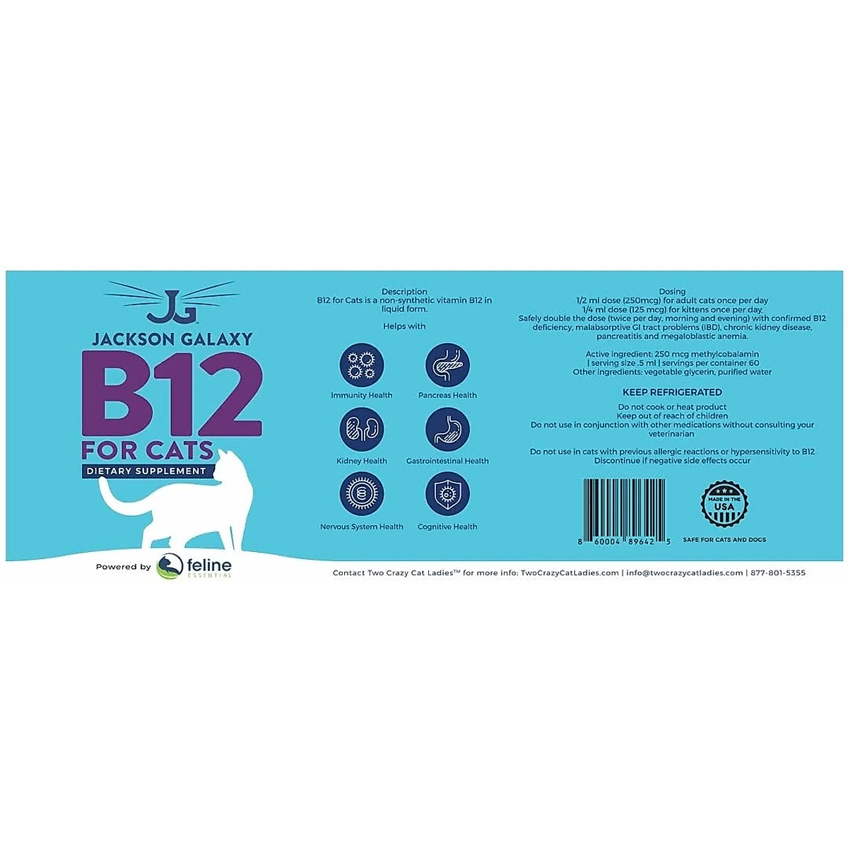 Jackson Galaxy: B12 for Cats-Dietary Supplement-Supports The Health of Your cat’s Immune System, Nervous System, Digestive System & Cognitive Function.