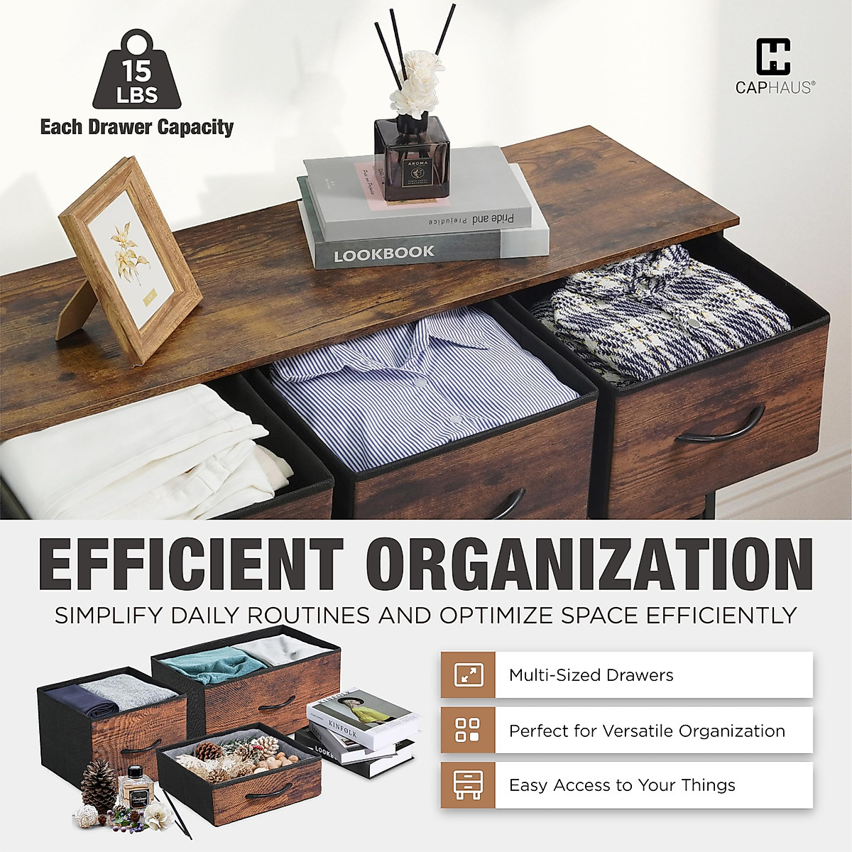CAPHAUS Drawer Storage Tower w/ 10 Fabric Bins, Laundry Storage, Sorting Unit, Chest of Drawers, Organizer w/ P2 Board Top & Fabric Bins, Organizer Unit for Multi-purpose, Hallway, Office, Rustic Oak