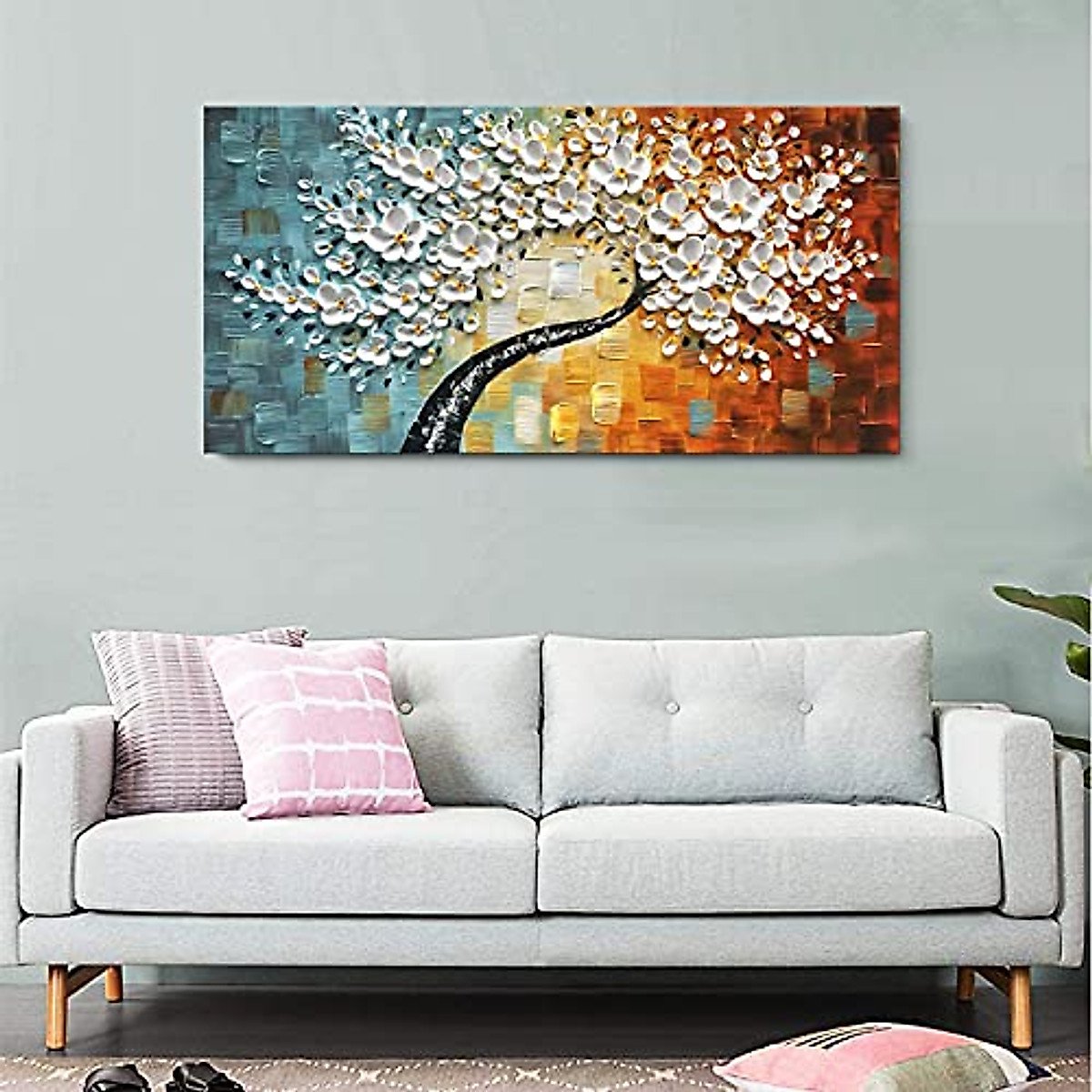 Diathou 20x40in 3D Abstract Paintings,Hand-Painted Painting of White Flowers and Trees, Canvas Wood Frame, Ready to Hang The Wall to Decorate The Living Room Bedroom