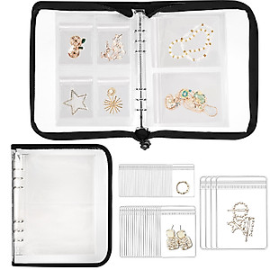 Fixwal Earring Organizer Case, Travel Jewelry Organizer Transparent Jewelry Storage Book Set for Earring Necklace Ring Holder with Small Clear Zippered Pouch (Black)