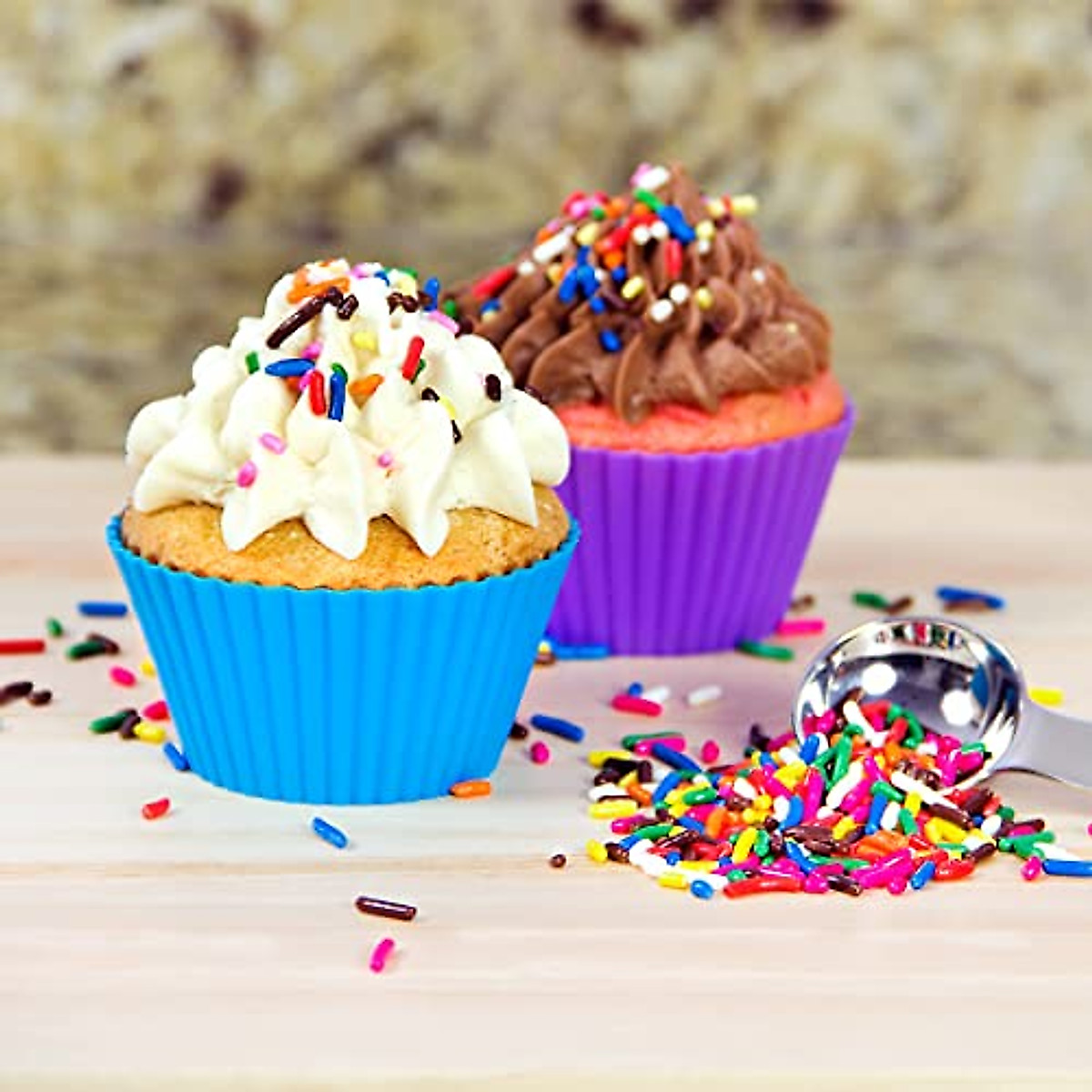 Cupcake Liners - Reusable Silicone Cupcake Baking Cups - Non-Stick Baking Muffins Mold - Use As Lunch Box Dividers - Set of 12 Kitchen Accessories - Great Gift Idea