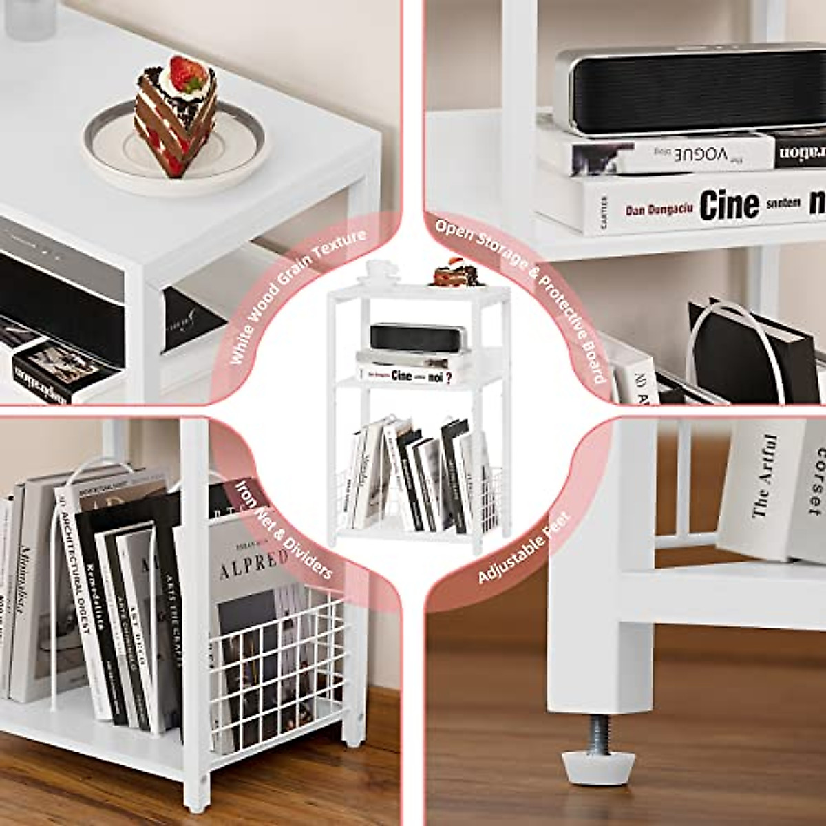 LELELINKY White End Tables Set of 2,Modern 3 Tier Side Table with Storage Shelf,Industrial Tall End Bedside Table, Metal Frame Night Stand for Small Space in Living Room Bedroom